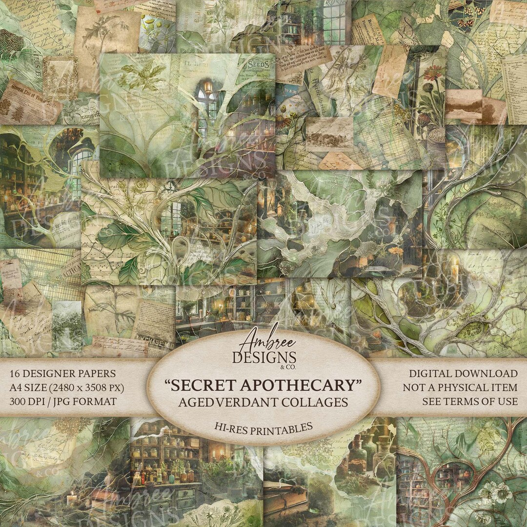 A4-size Apothecary Papers, Herbal Mixed Media, Green Palette, Overgrown ...
