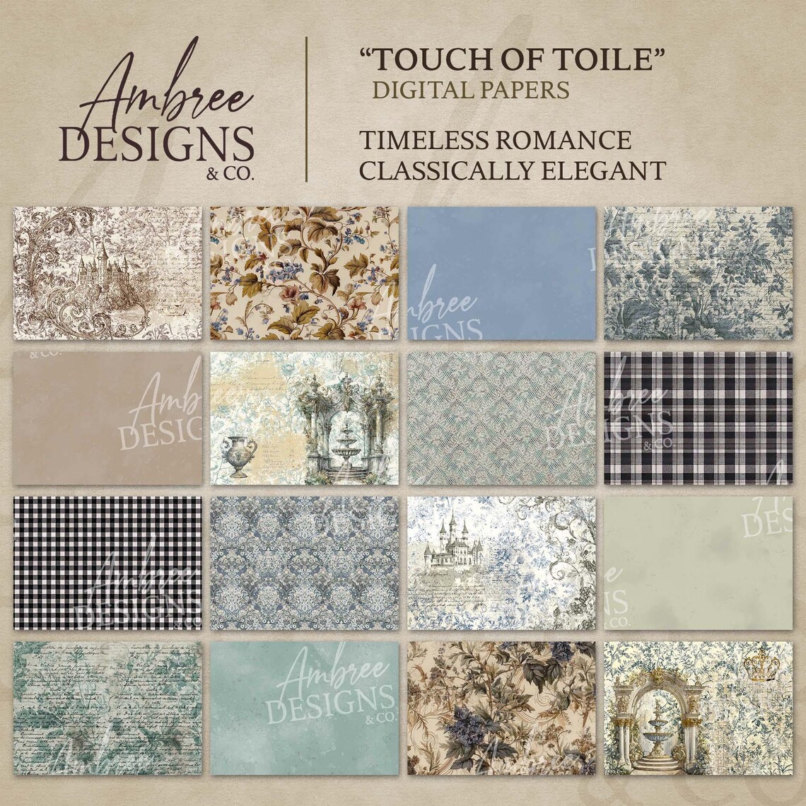 A4-size Timeless Toile Paper, French Country Charm, Soft Blue Scrapbook ...