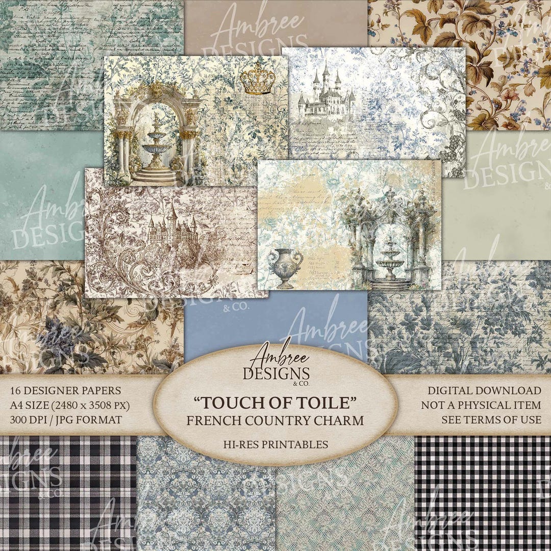 A4-size Timeless Toile Paper, French Country Charm, Soft Blue Scrapbook ...
