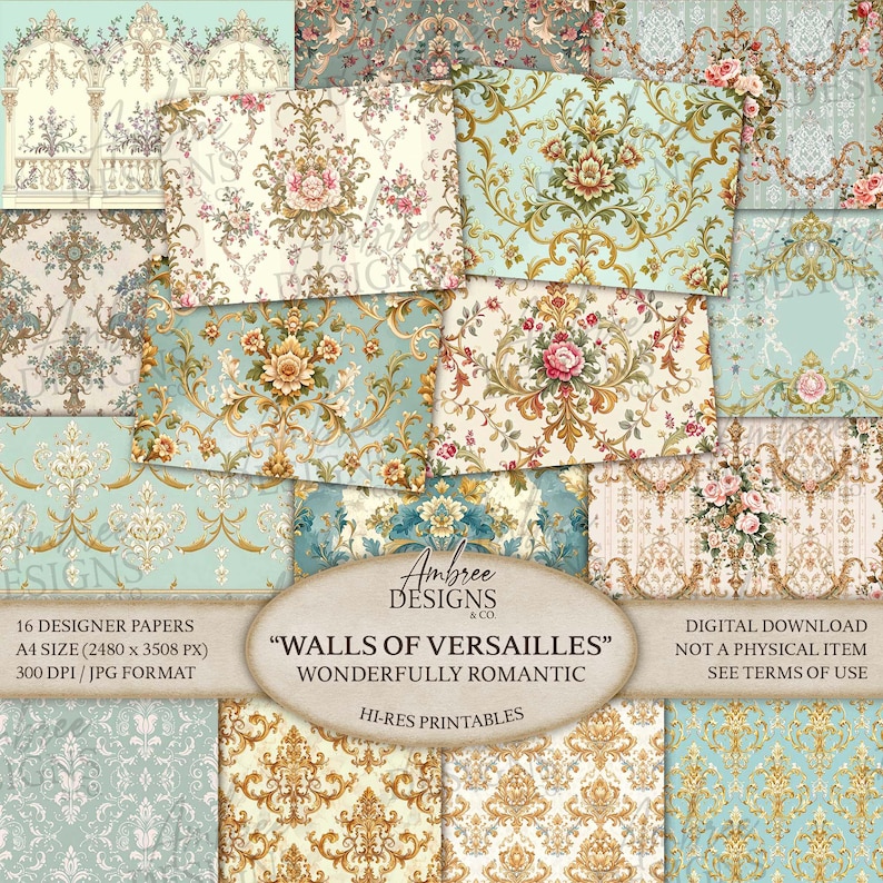 A4-size Ornate Rococo Paper, Elegant Damask, Marie Antoinette Scrapbook ...
