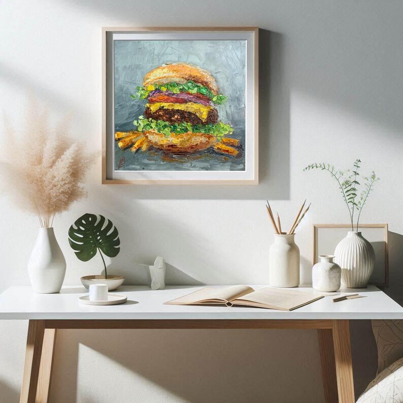 Burger Oil Painting – Impasto Cheeseburger Art Original Textured Food ...
