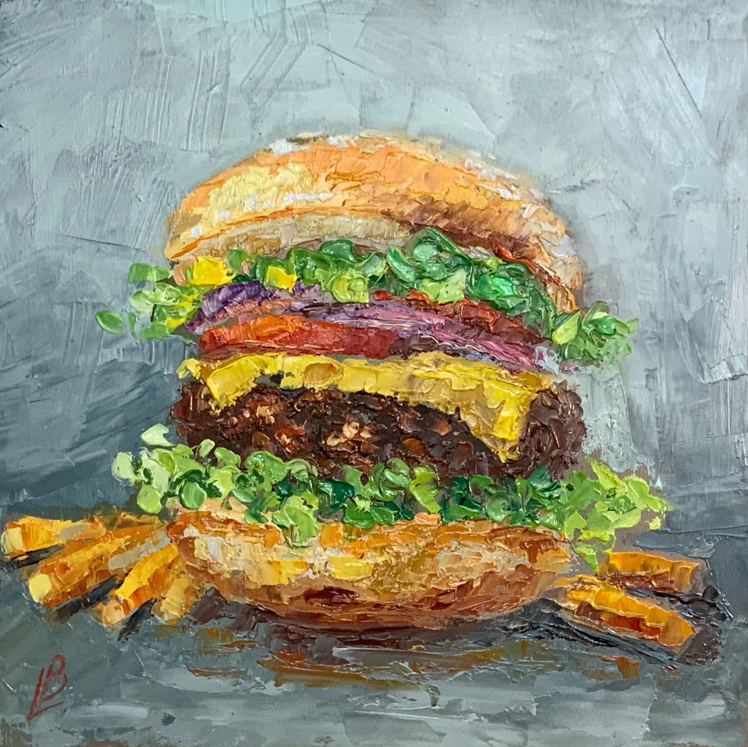 Burger Oil Painting – Impasto Cheeseburger Art Original Textured Food ...