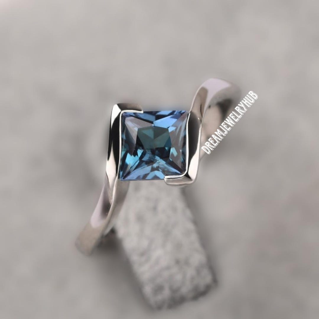 Princess Cut Alexandrite Ring Simple Engagement Ring 925 Silver Bypass ...