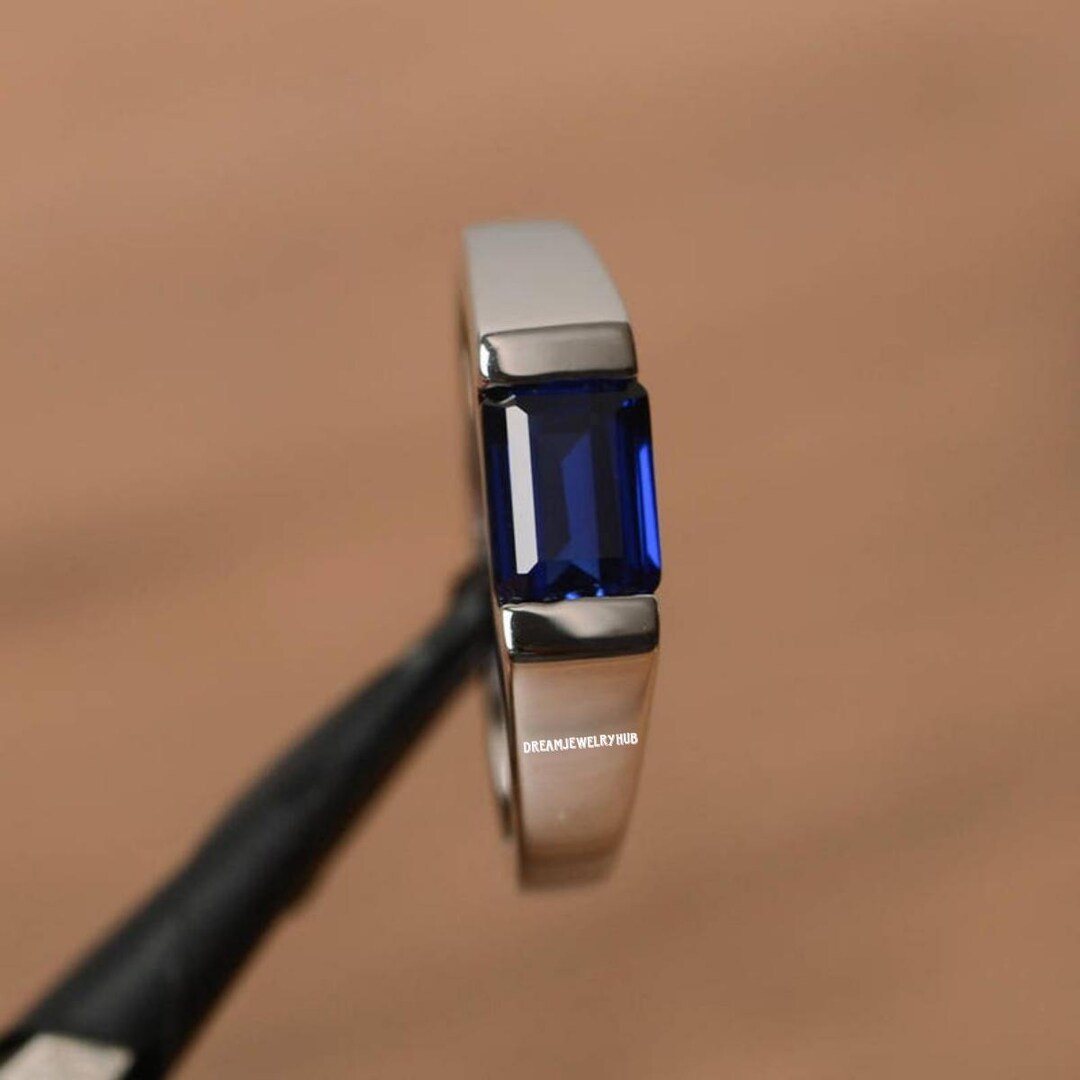 Emerald Cut Blue Sapphire Proposal Ring East West Ring September ...