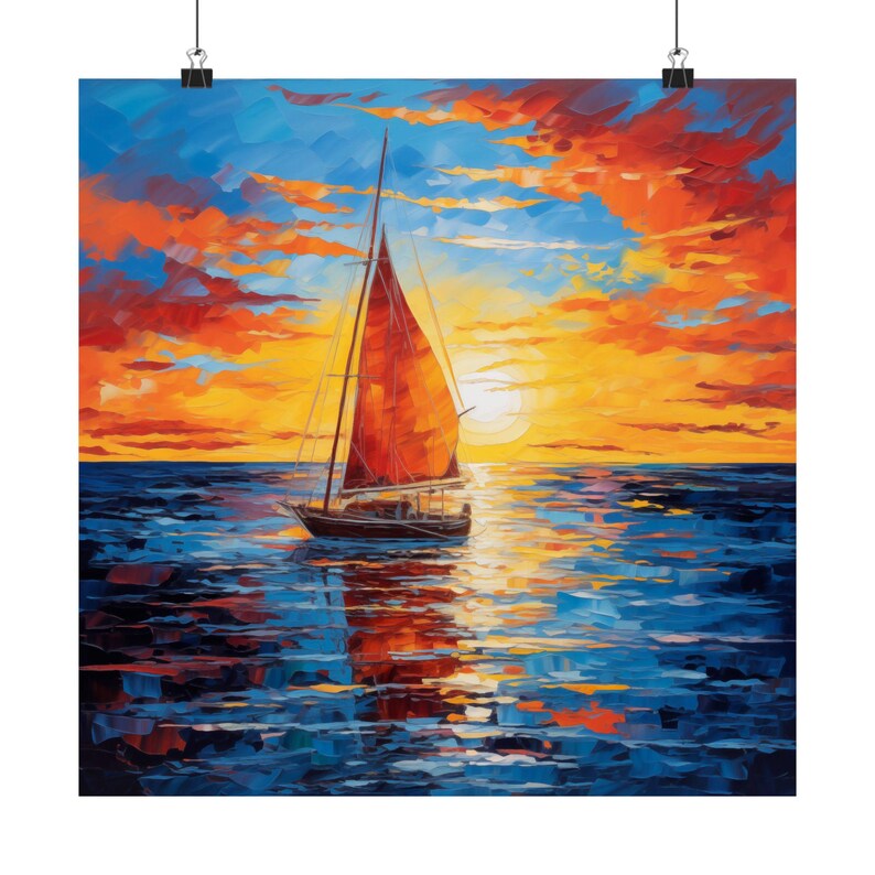 Sailboat on Calm Water at Sunset Poster Digital Painting, Acrylic, Wall ...