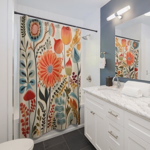 Scandinavian Kurbits Cream Orange and Blue Flower Shower Curtain Bright ...