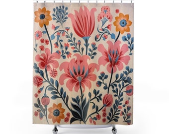 Scandinavian Kurbits Cream Orange and Blue Flower Shower Curtain Bright ...