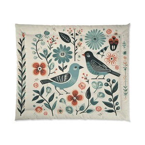 Scandinavian Bluebird Floral Comforter Blue Green Boho Folk Art Flower ...