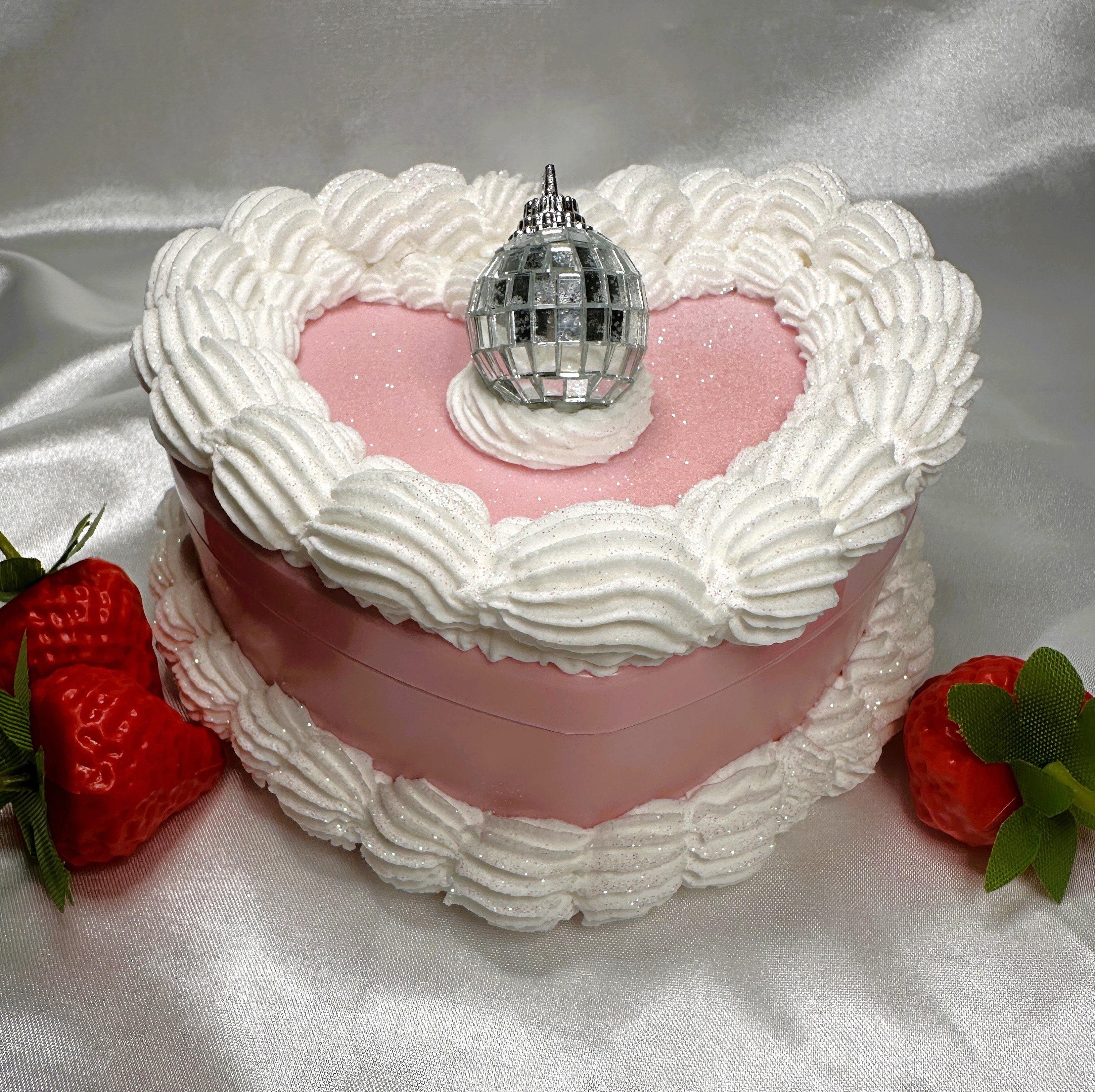 Fake Cake Jewelry Box Pink Vintage Heart Shaped Cake W/ Glitter Mirror ...