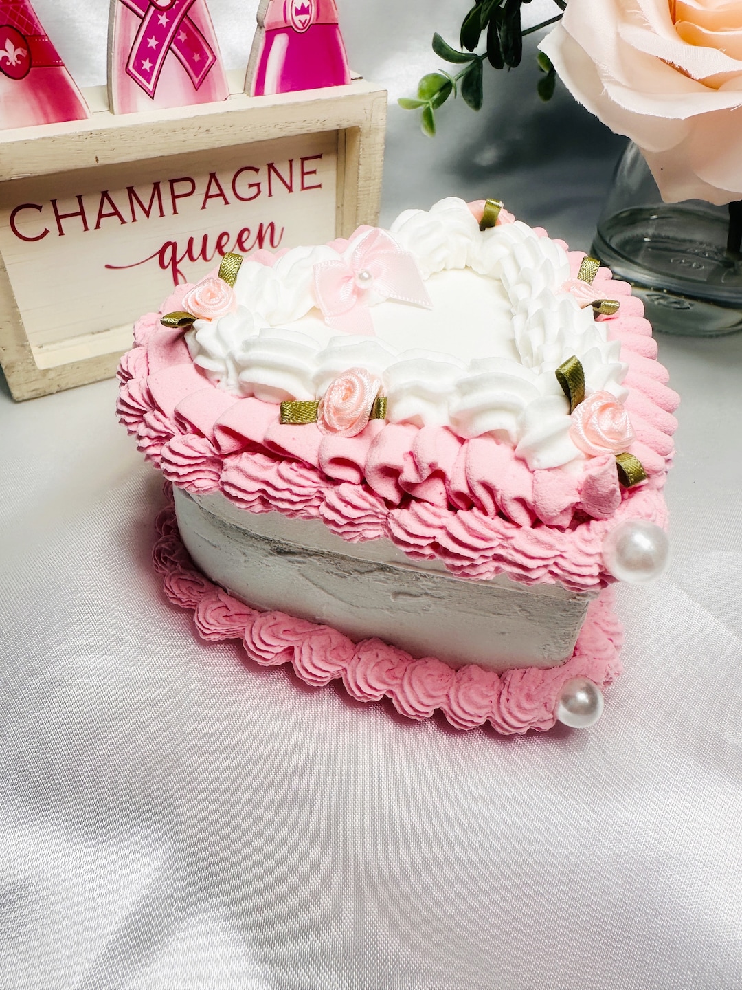 Fake Cake Jewelry Box Wooden Pink Vintage Heart Shaped Cake With Roses ...