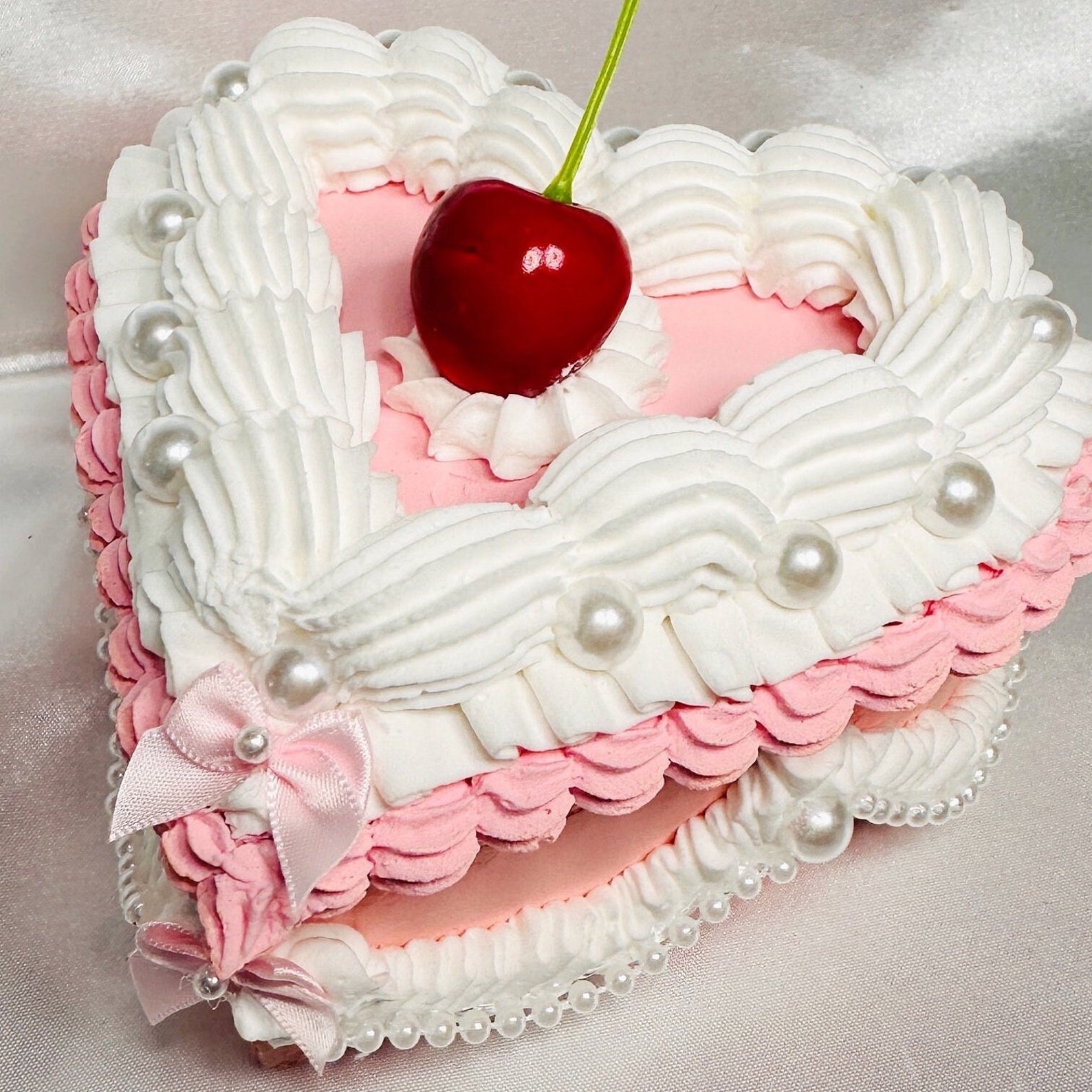 Fake Cake Jewelry Box Wooden Pink Vintage Heart Shaped Cake With Cherry ...