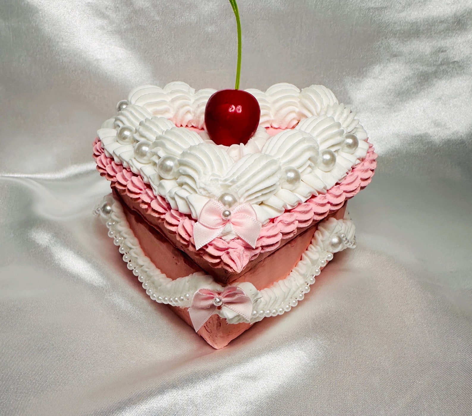 Fake Cake Jewelry Box Wooden Pink Vintage Heart Shaped Cake With Cherry ...