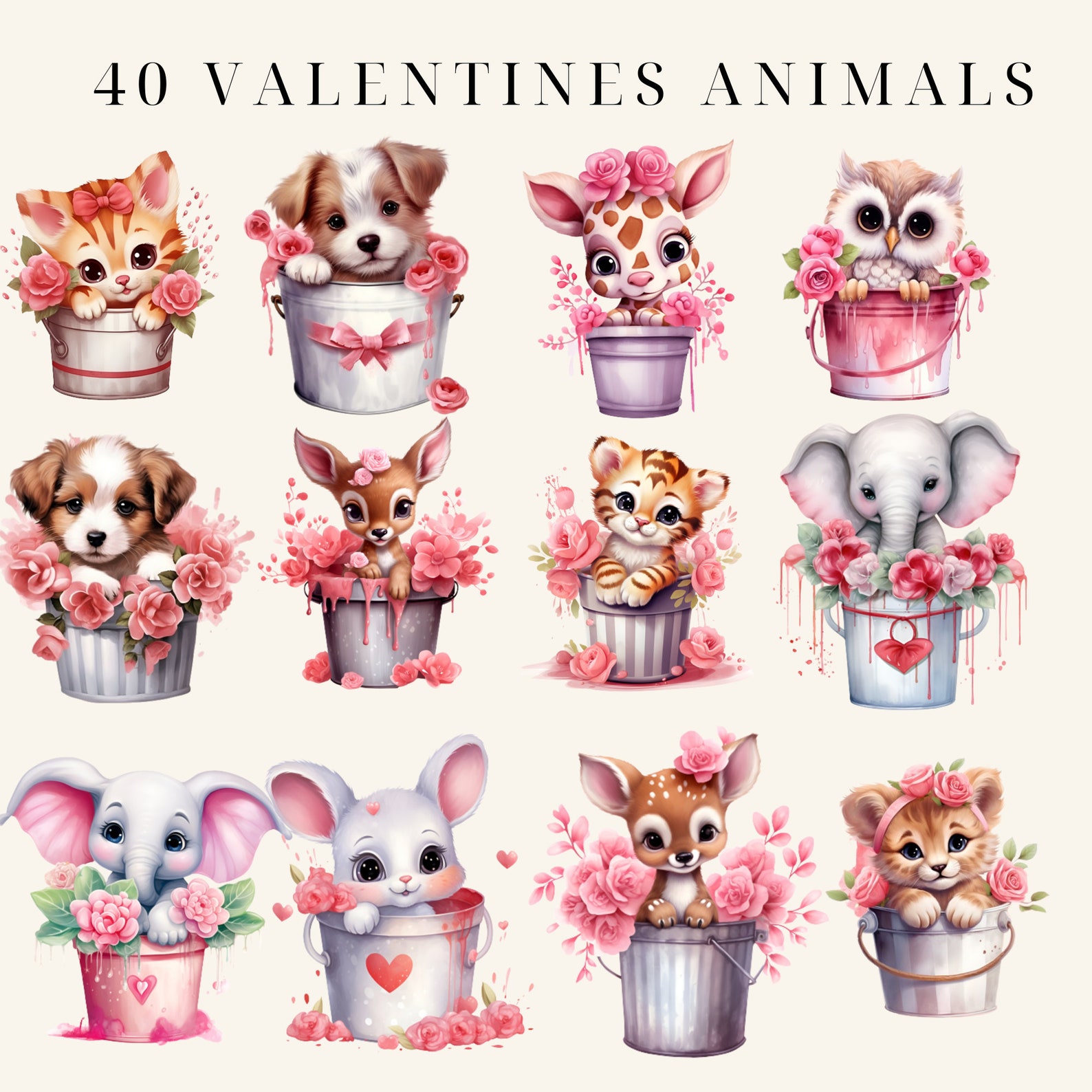Valentines Watercolor Clipart PNG Bundle , Cute Valentines Day Animals ...