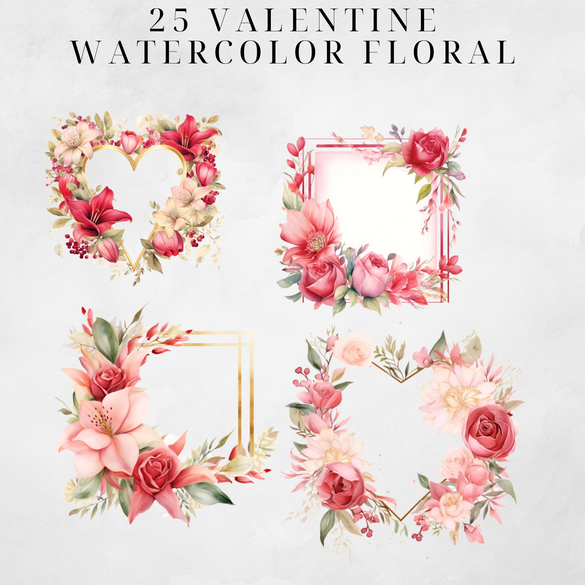 VALENTINE WATERCOLOR Floral Clipart Bundle, Floral Corner Border ...