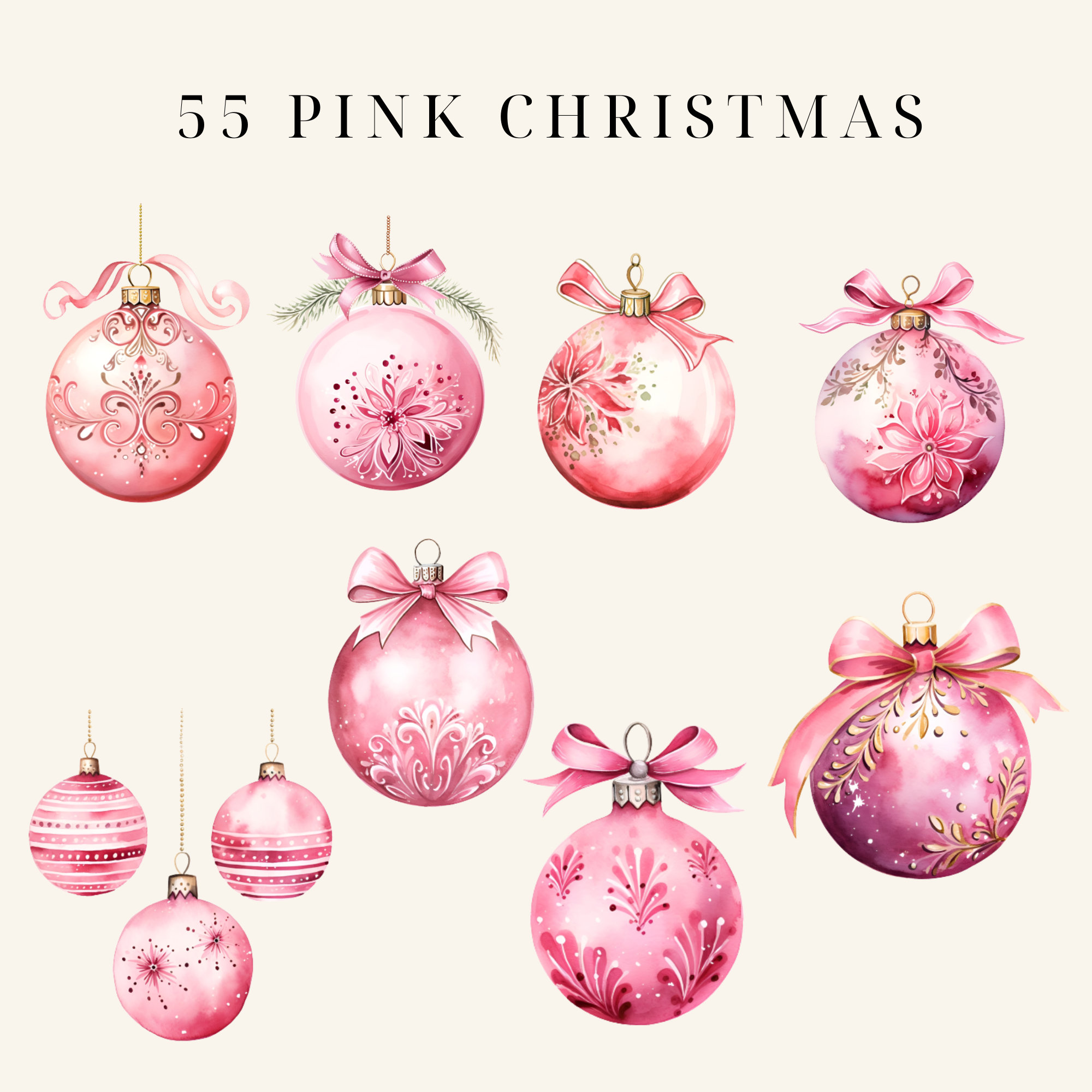 Pink Christmas Clipart Bundle Pink Christmas Sublimation Watercolor ...