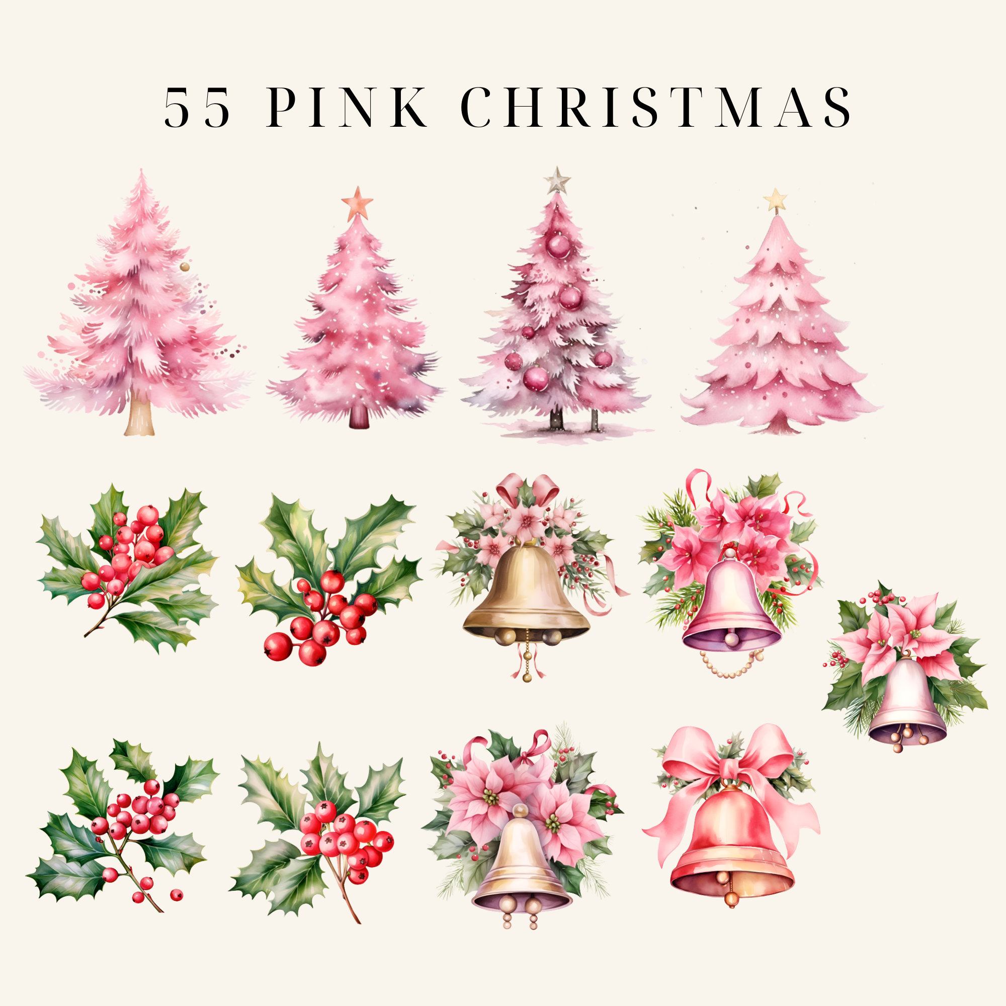 Pink Christmas Clipart Bundle Pink Christmas Sublimation Watercolor ...