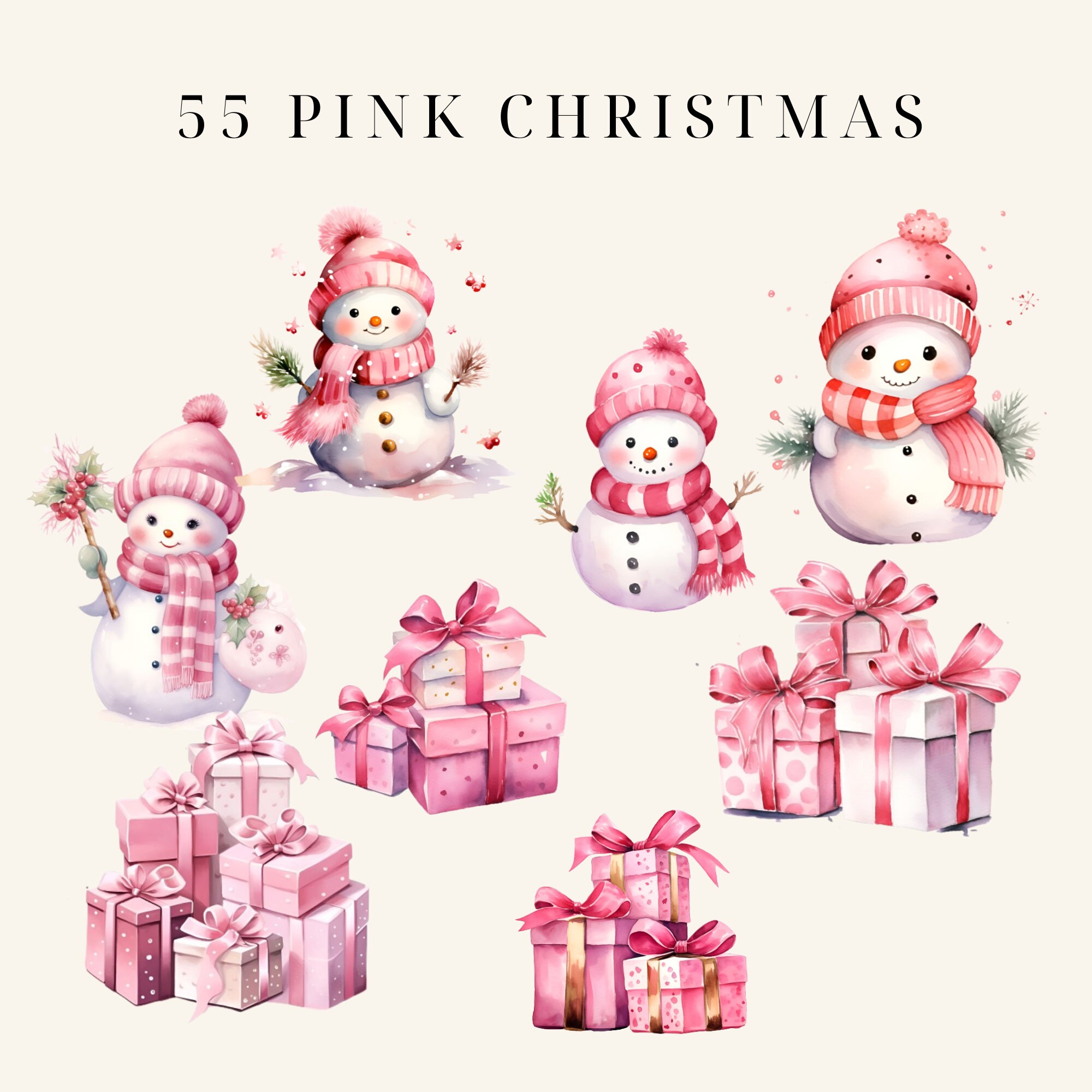 Pink Christmas Clipart Bundle Pink Christmas Sublimation Watercolor ...