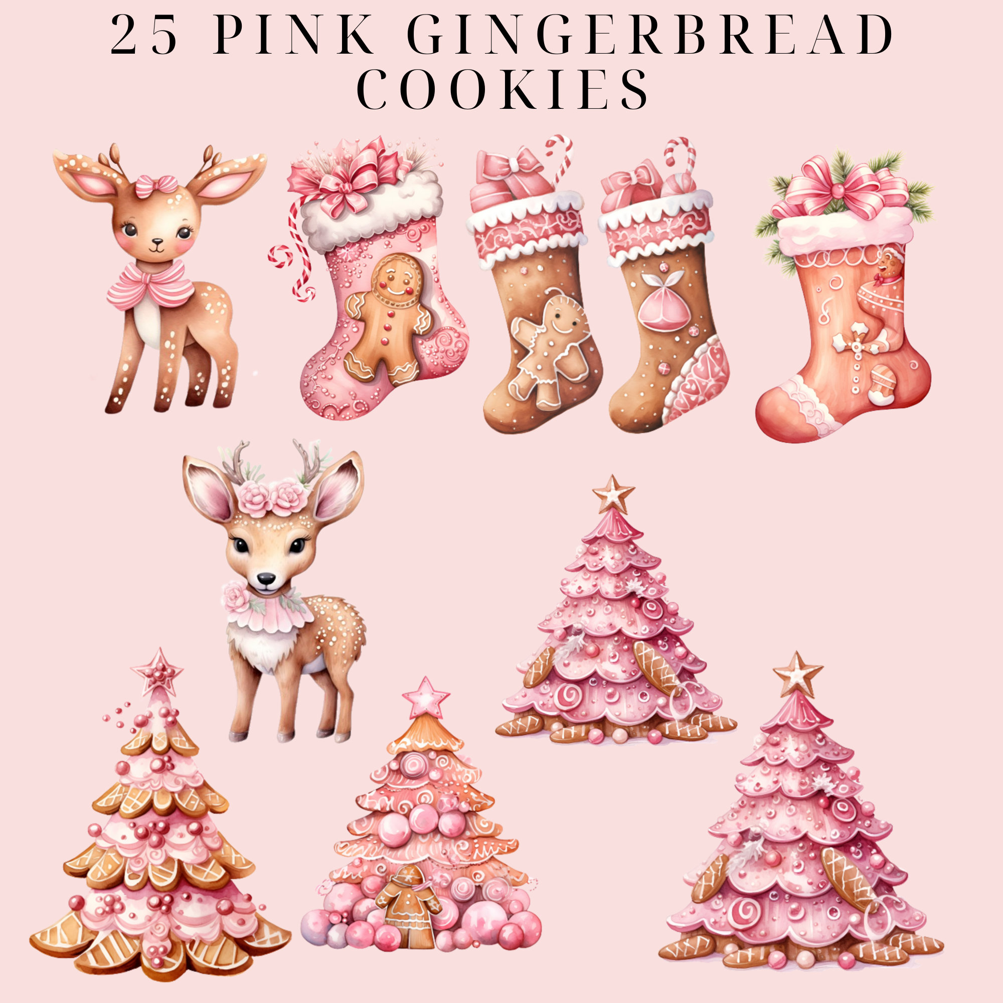 Pink Gingerbread Clipart Bundle: Watercolor Christmas Cookies (digital ...