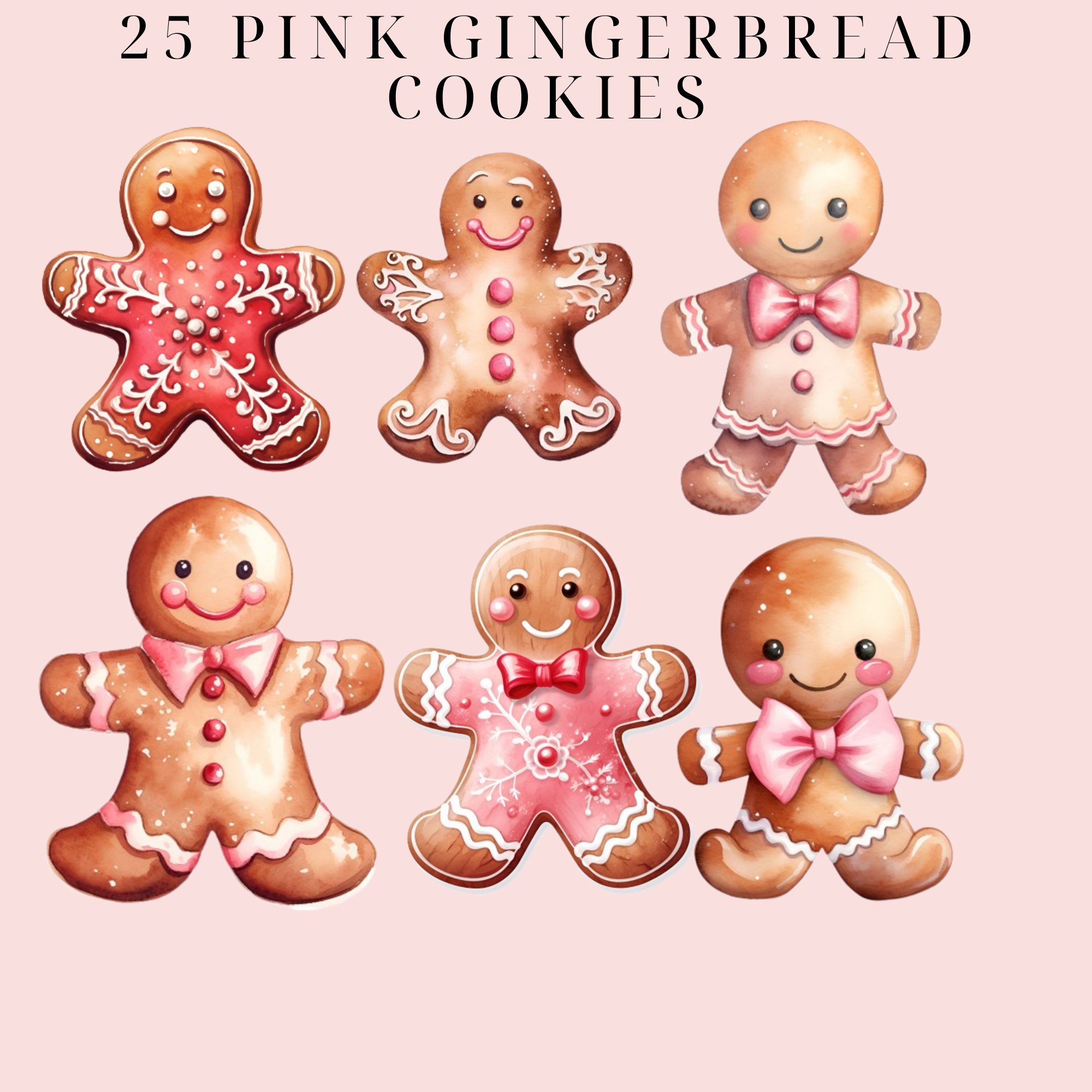 Pink Gingerbread Clipart Bundle: Watercolor Christmas Cookies (digital ...
