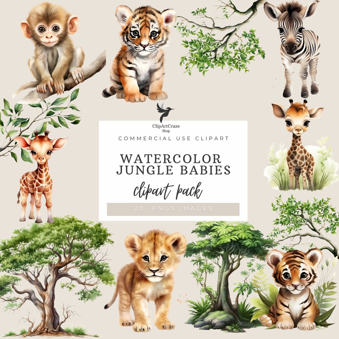 Watercolor Jungle Animals Clipart, for Commercial Use, Transparent Pngs ...