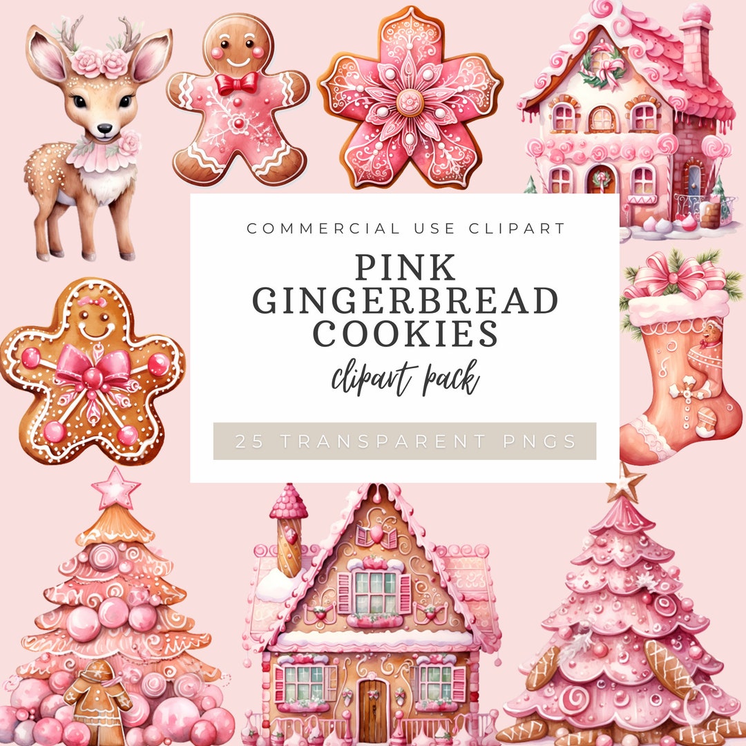 Pink Gingerbread Clipart Bundle: Watercolor Christmas Cookies (digital ...