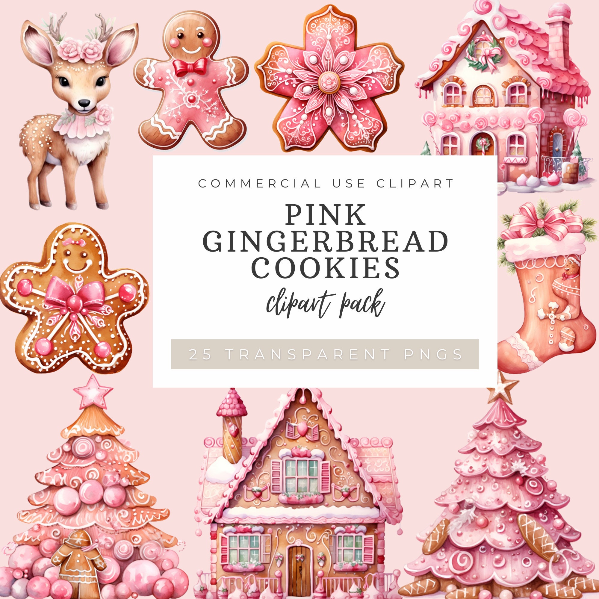 Pink Gingerbread Clipart Bundle: Watercolor Christmas Cookies (digital ...