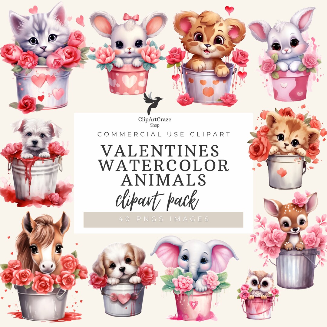 Valentines Watercolor Clipart PNG Bundle , Cute Valentines Day Animals ...