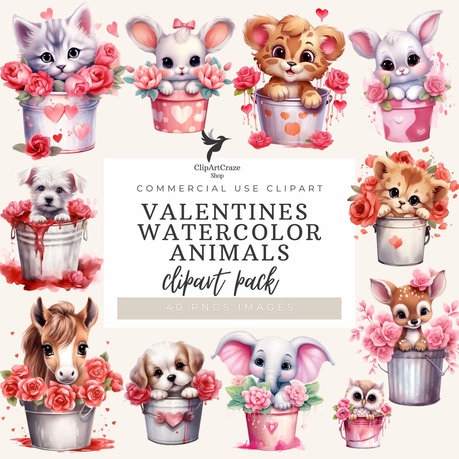 Valentines Watercolor Clipart PNG Bundle , Cute Valentines Day Animals ...