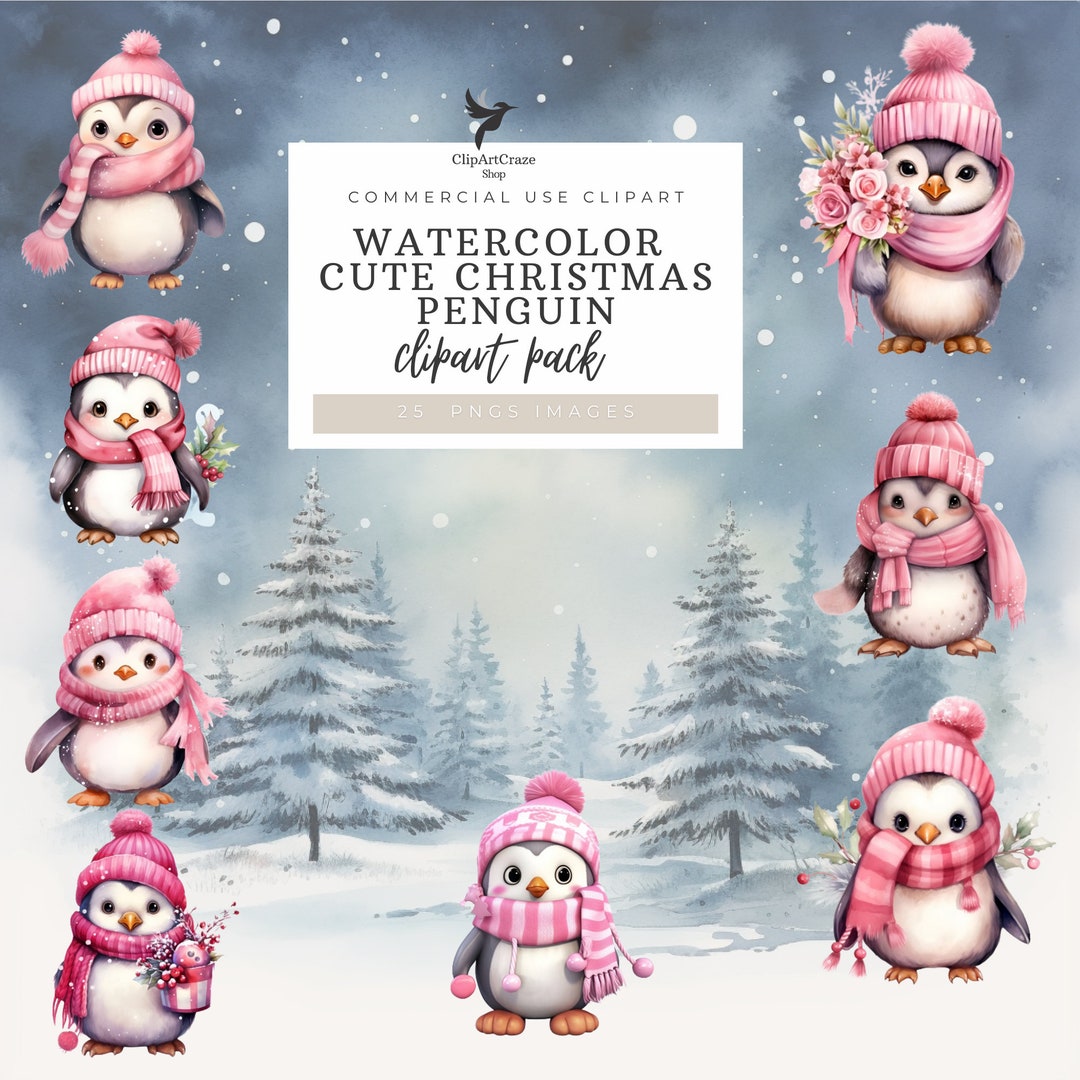 25 Christmas Penguin Clipart PNG, Watercolor Christmas Penguins Clip ...