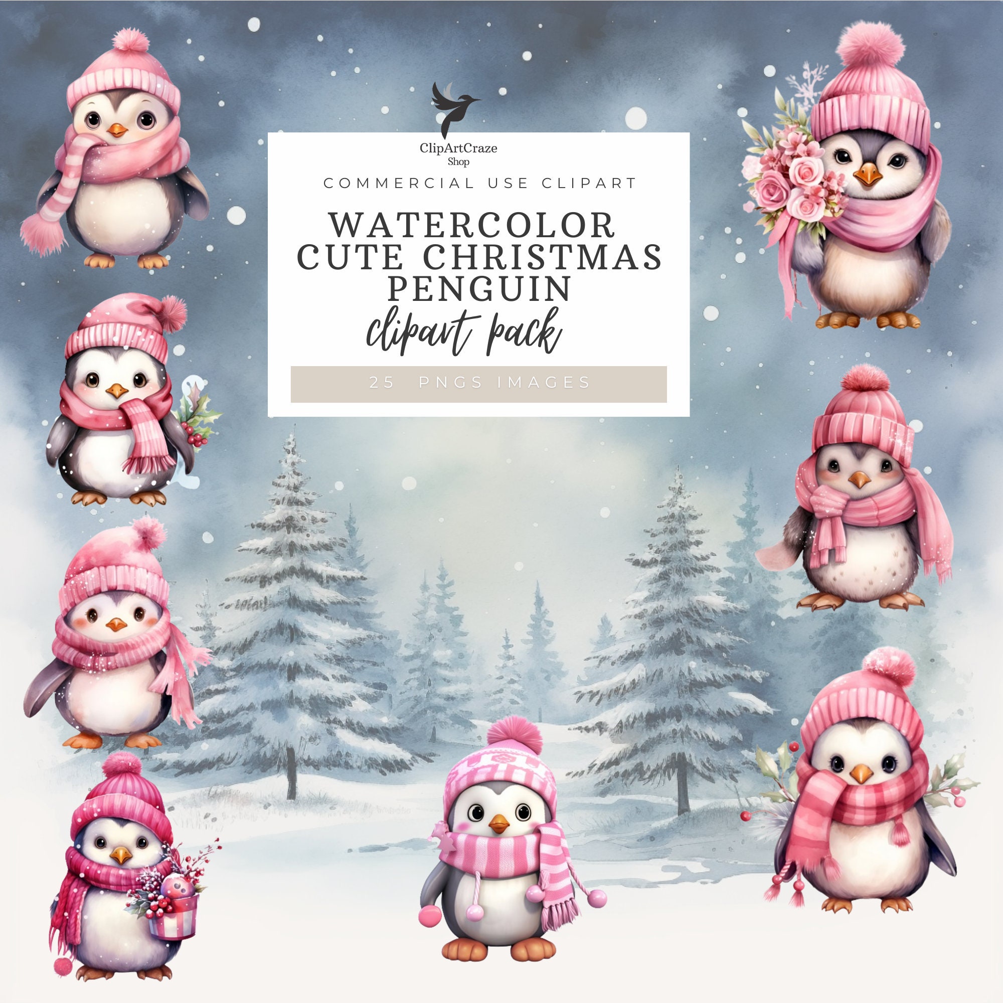 25 Christmas Penguin Clipart PNG, Watercolor Christmas Penguins Clip ...