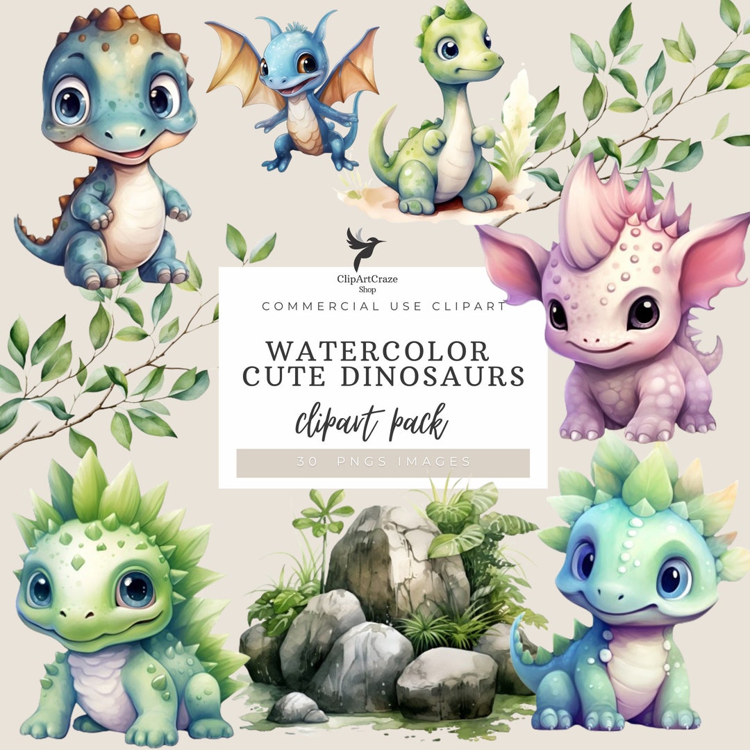 Watercolor Cute Dinosaur Clipart Pack, Clipart for Commercial Use ...