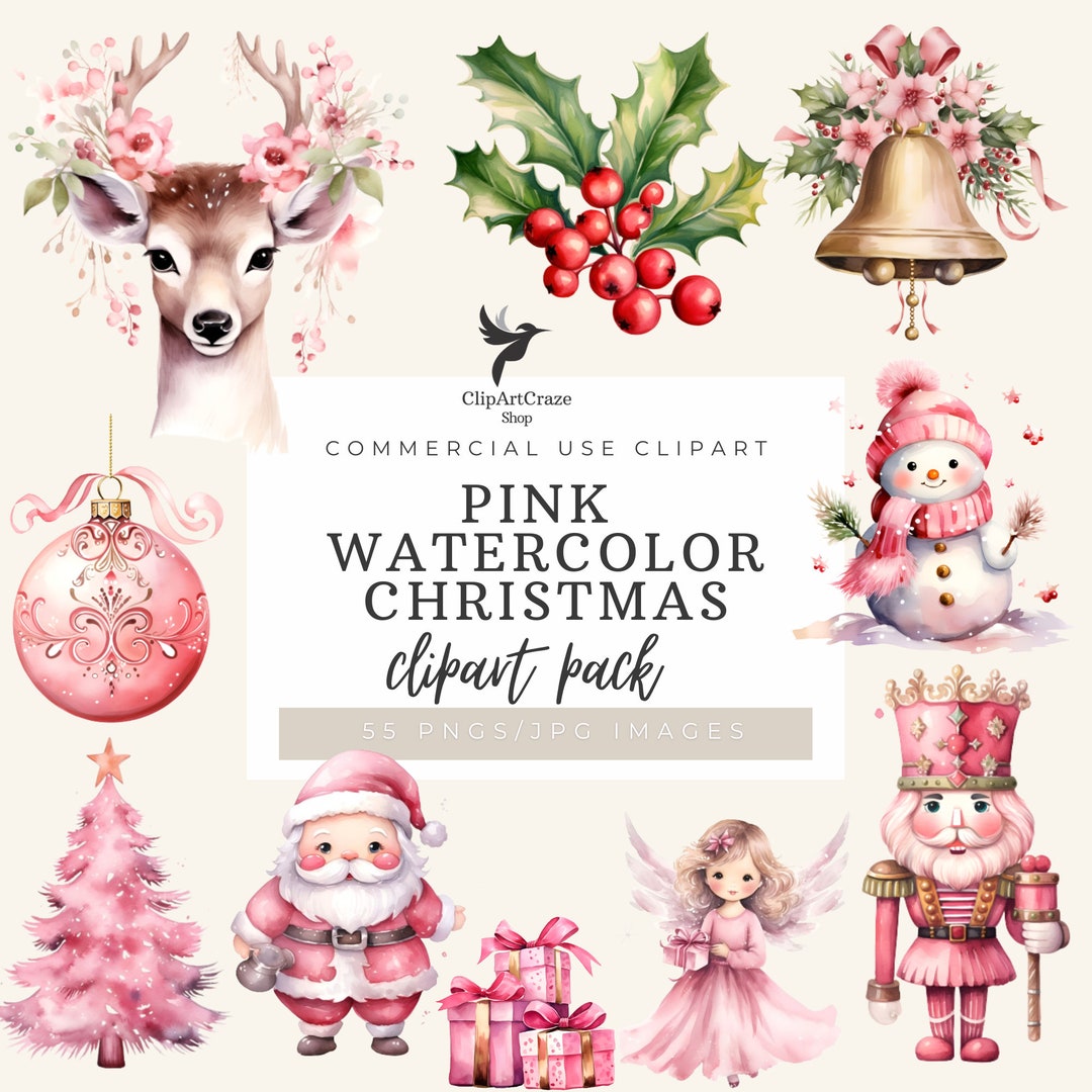 Pink Christmas Clipart Bundle | Pink Christmas Sublimation | Watercolor ...