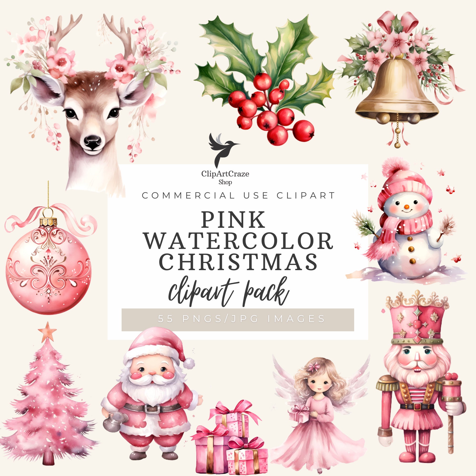 Pink Christmas Clipart Bundle Pink Christmas Sublimation Watercolor ...