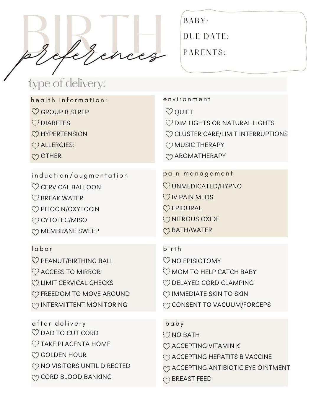 Beautiful Birth Plan | Printable - Etsy