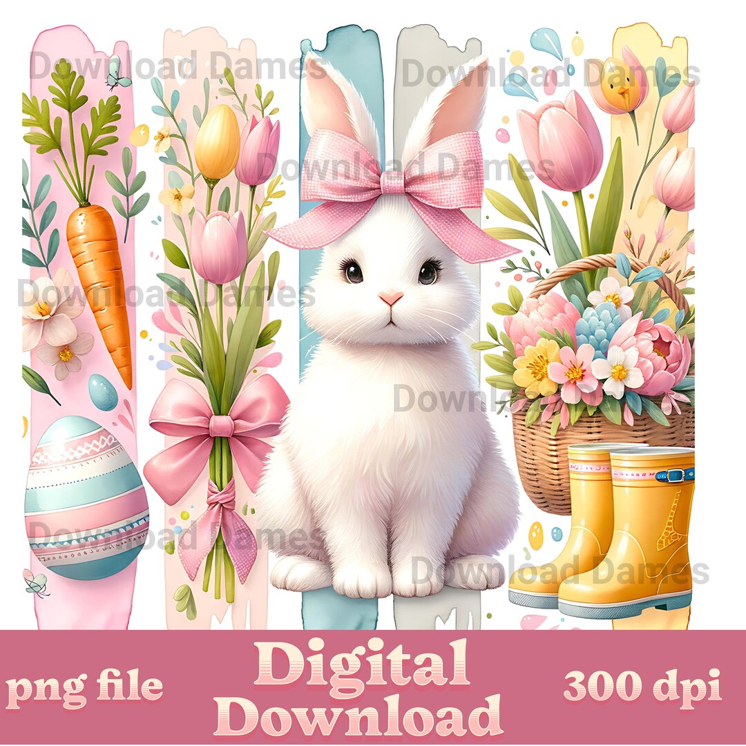 Happy Easter PNG Retro Easter Bunny Wildflower Tulips Floral Spring ...