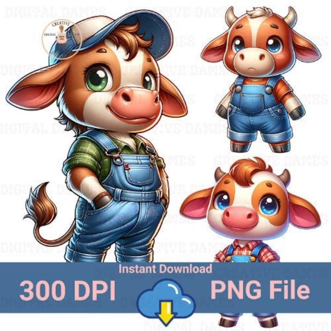 Digital Download Farmer Cow in Blue Jean Overalls 3 File Collection ...