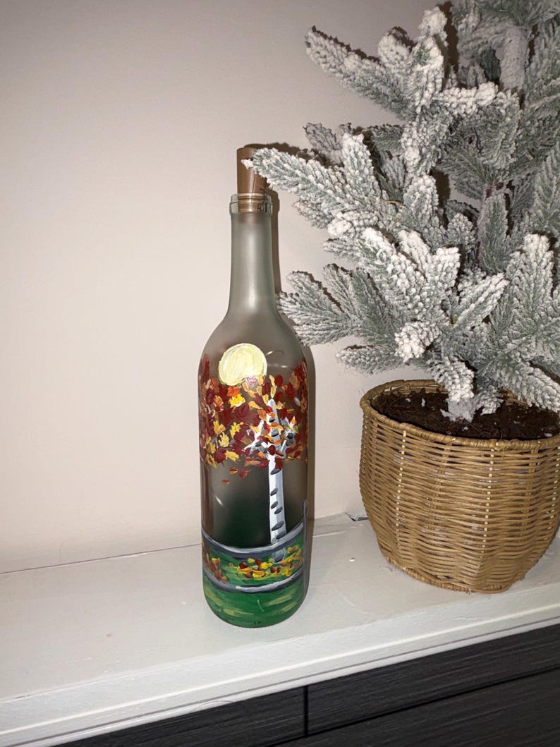Handpainted Fall Wine Bottle With Fairy Lights: Birdhouse, Leaves ...