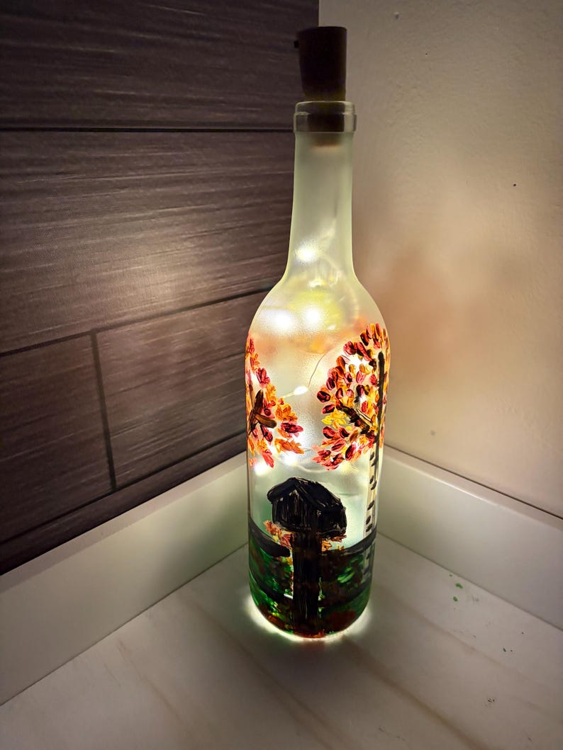 Handpainted Fall Wine Bottle With Fairy Lights: Birdhouse, Leaves ...
