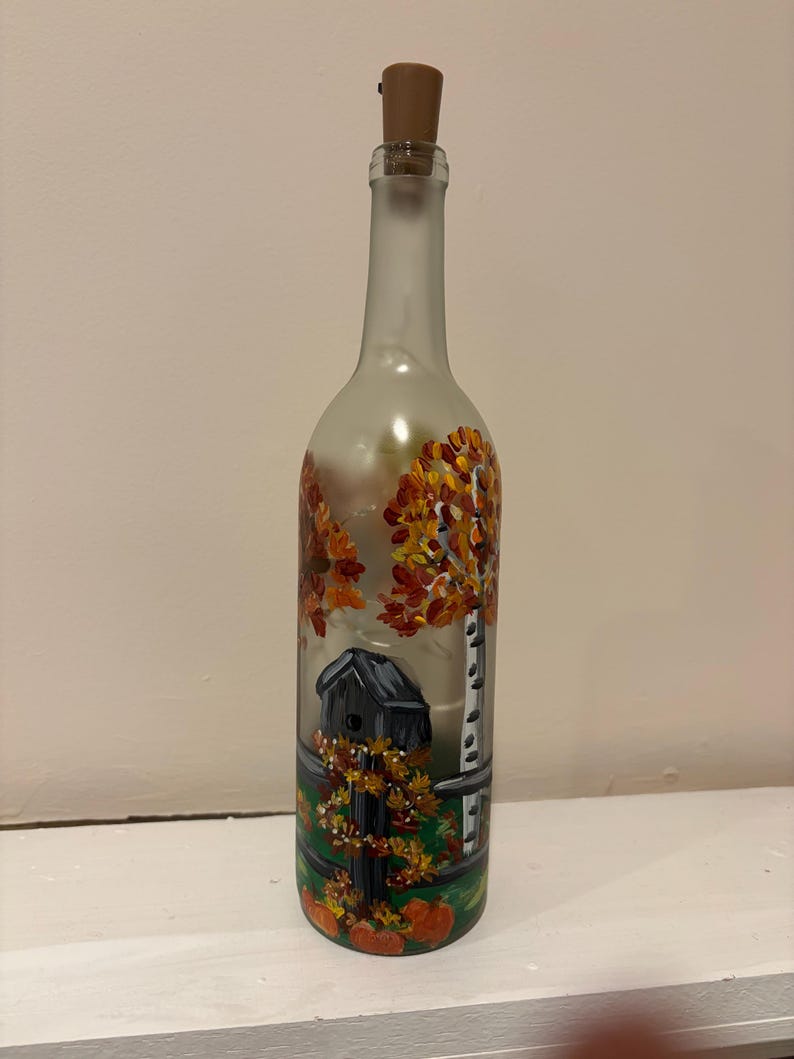 Handpainted Fall Wine Bottle With Fairy Lights: Birdhouse, Leaves ...