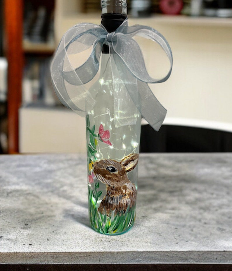 Hand-painted Bunny Wine Bottle With Fairy Lights/ Easter/mothers Day ...