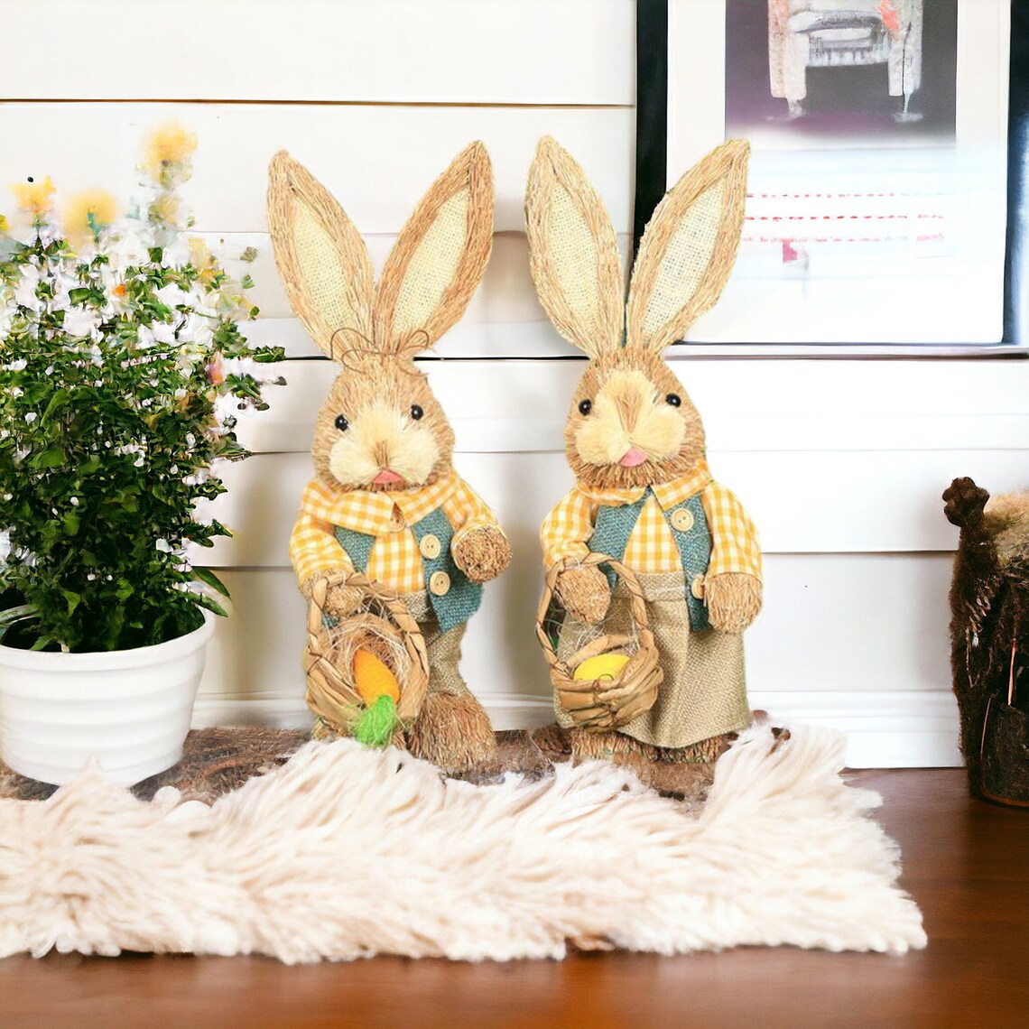 Cute Nordic Rabbit Couples Straw Decorations, Handmade Straw Animal ...