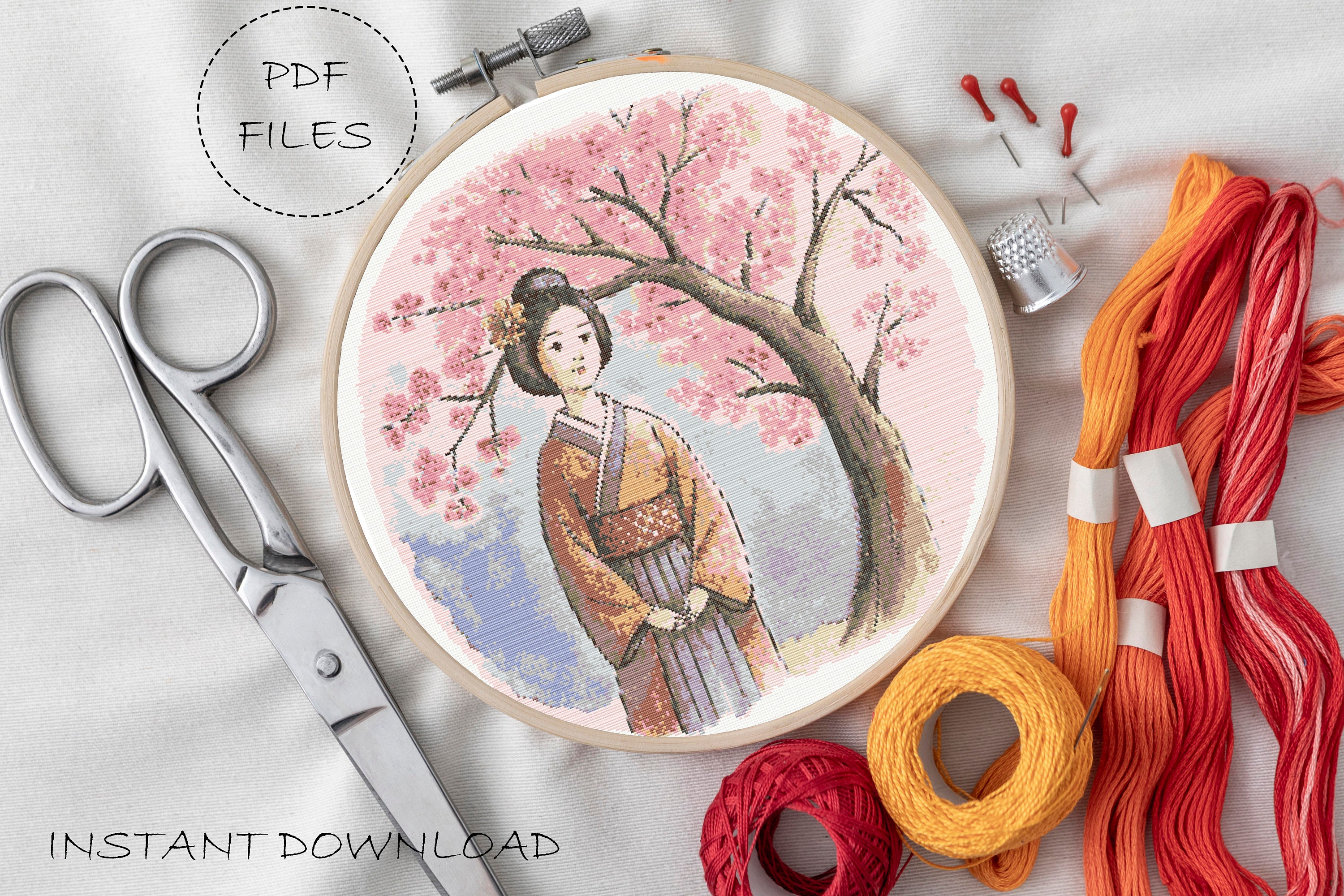 Geisha Cross Stitch Pattern | Cherry Blossom Cross Stitch | Japan ...