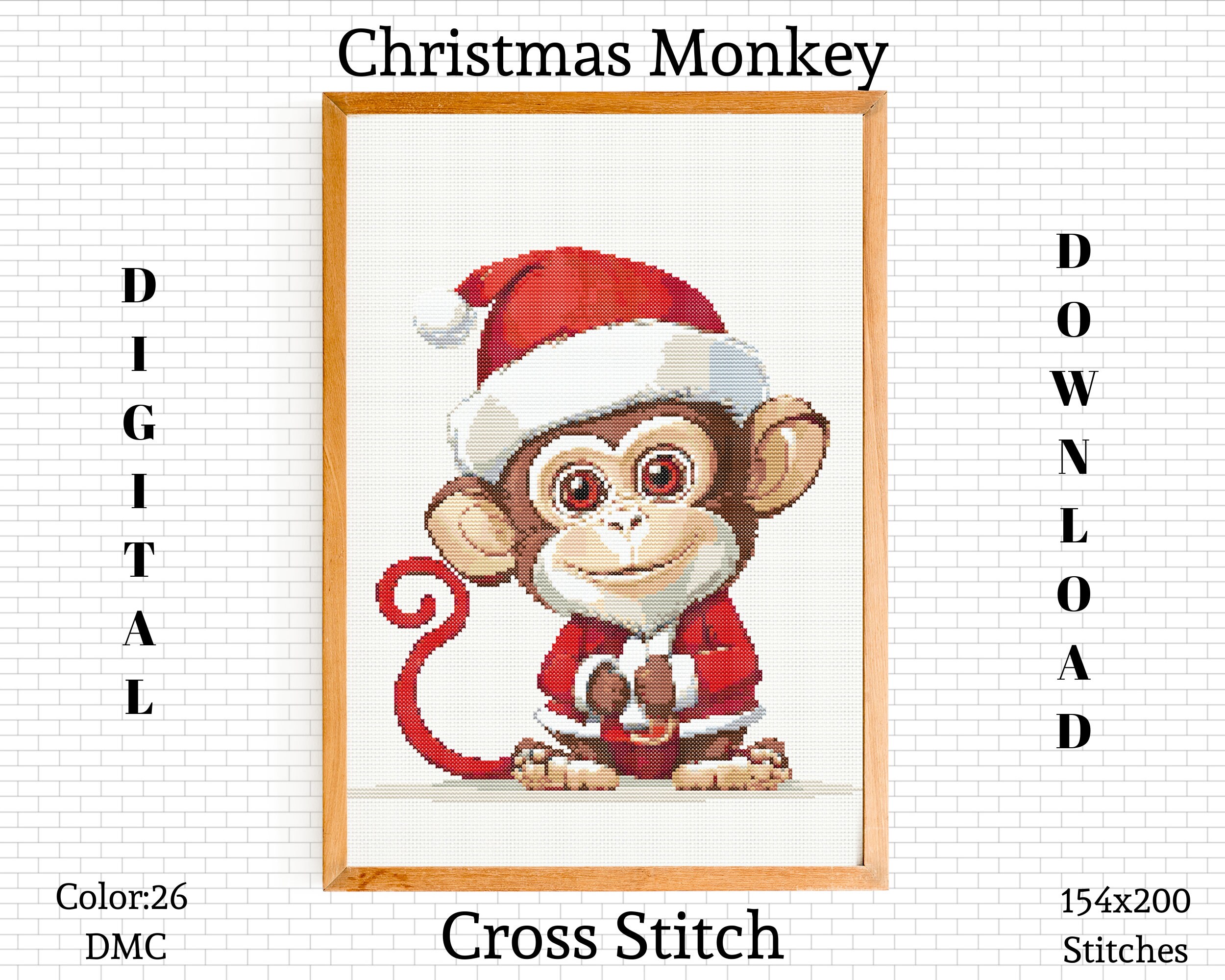 Christmas Monkey Cross Stitch Pattern: Xmas Embroidery (PDF Download ...