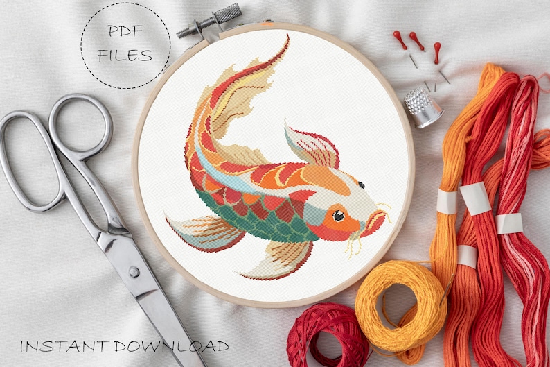 Japanese Koi Fish Cross Stitch Pattern: Colorful Embroidery (PDF ...
