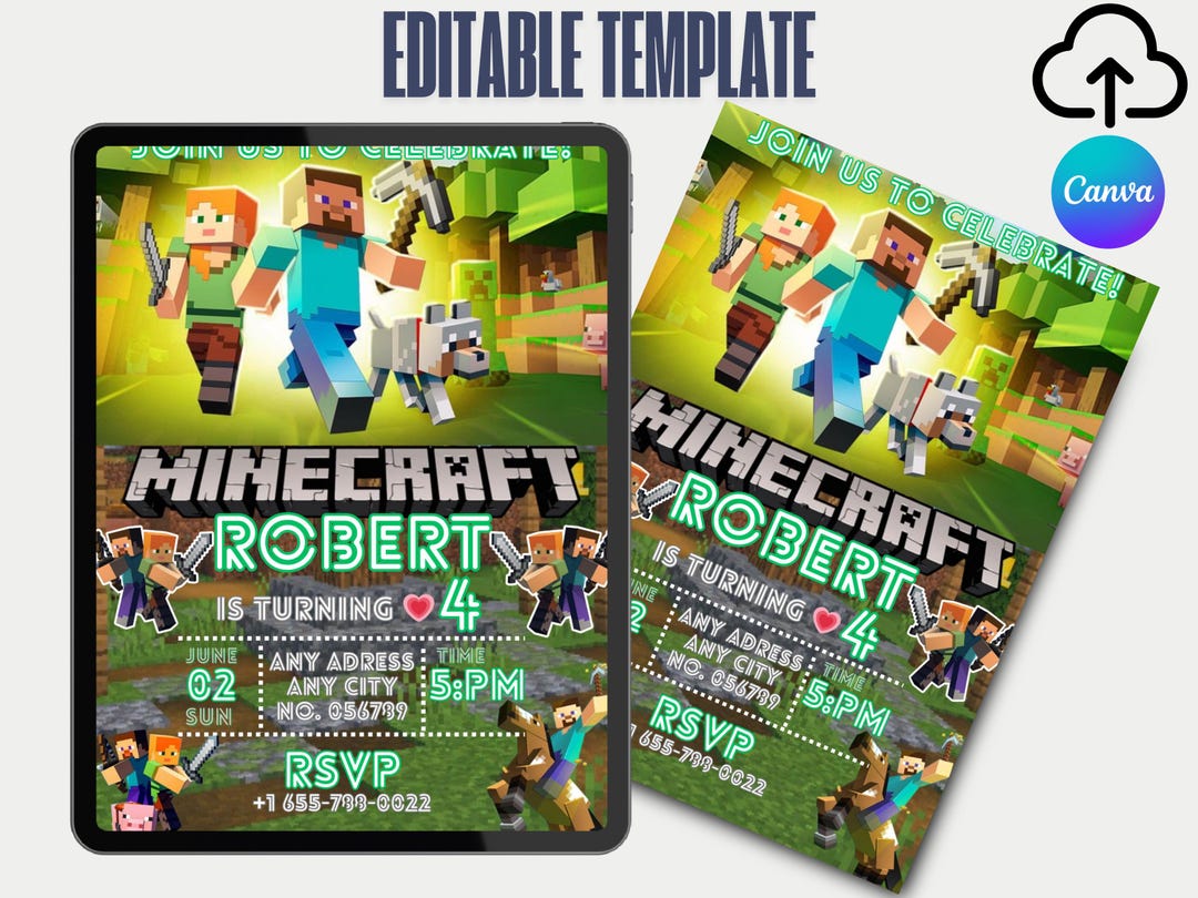 Editable Minecraft Birthday Invitation, Minecrafter Birthday ...
