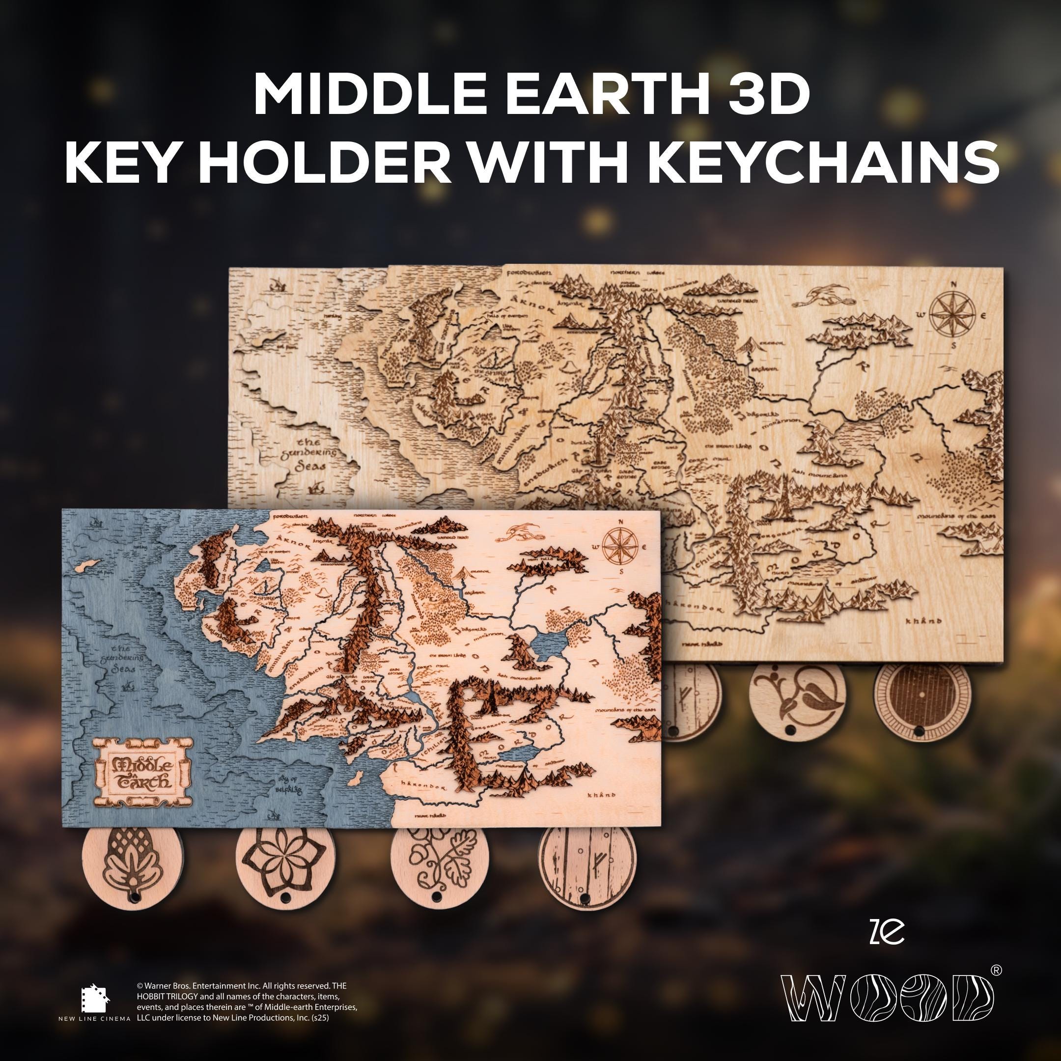 Middle Earth 3D Key Holder With Keychains - Fantasy Map Key Hanger ...