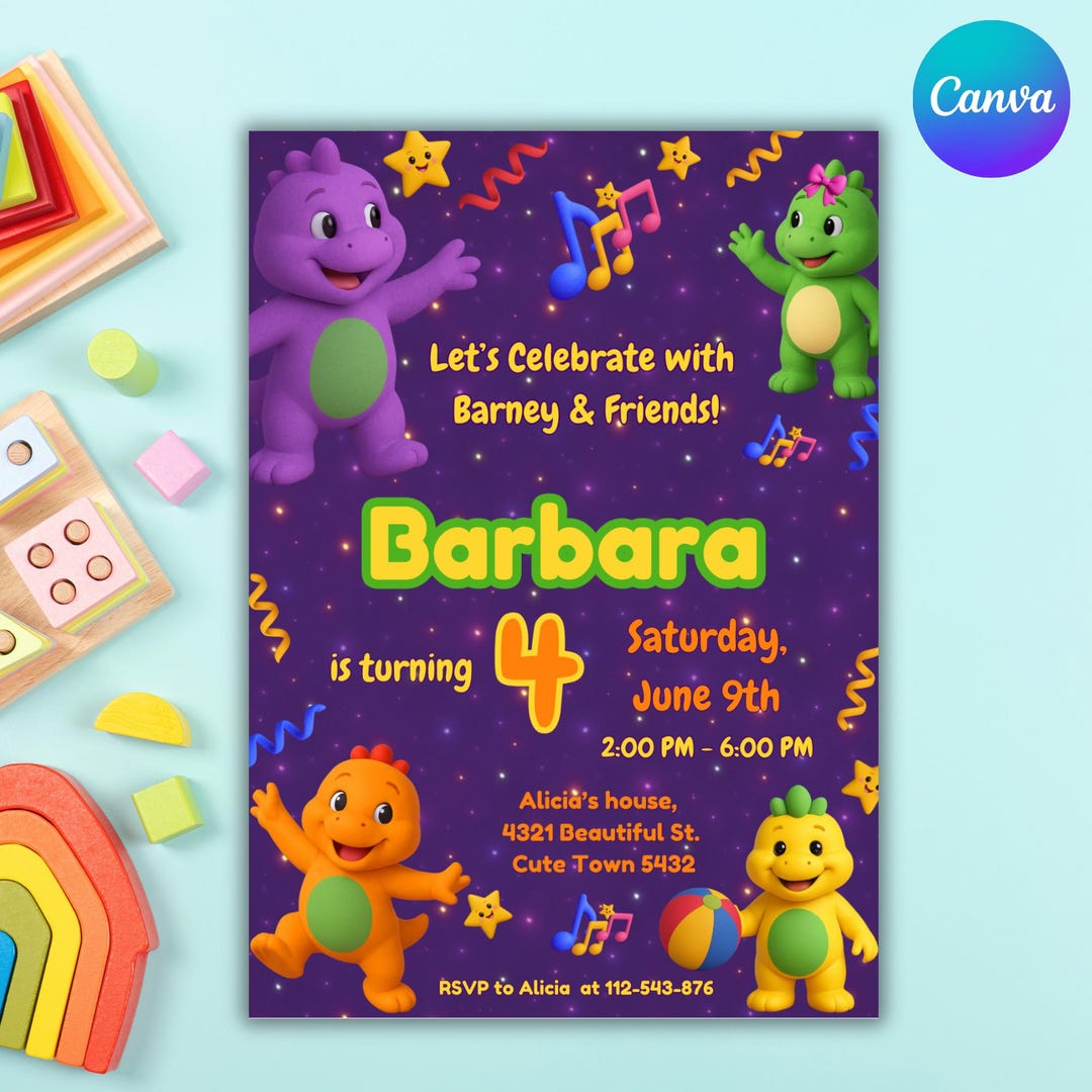 Barney Birthday Invitations, Barney and Friends Invite, Purple Dinosaur ...