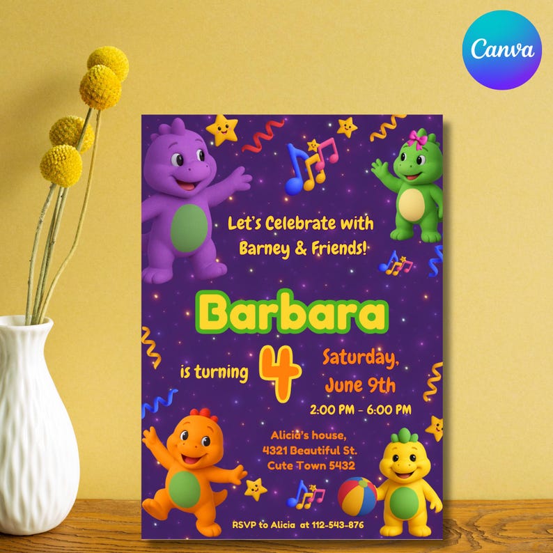 Invitación de cumpleaños de Barney: Plantilla de invitación de ...