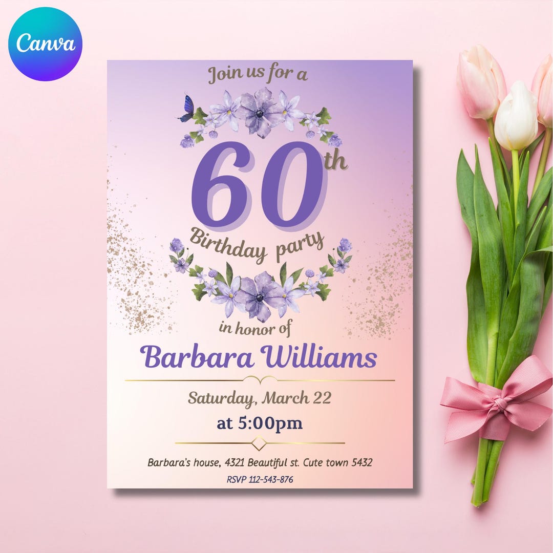 60th Birthday Invitation for Women, Customizable Digital Template for ...