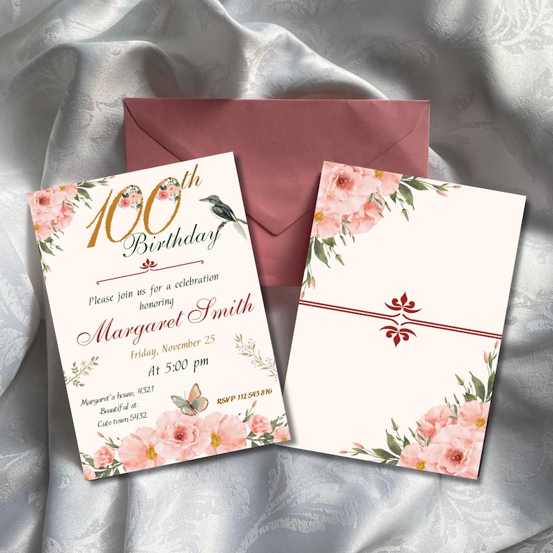 Elegant 100th Birthday Invitation Template: Hundredth Woman Party, 100 ...